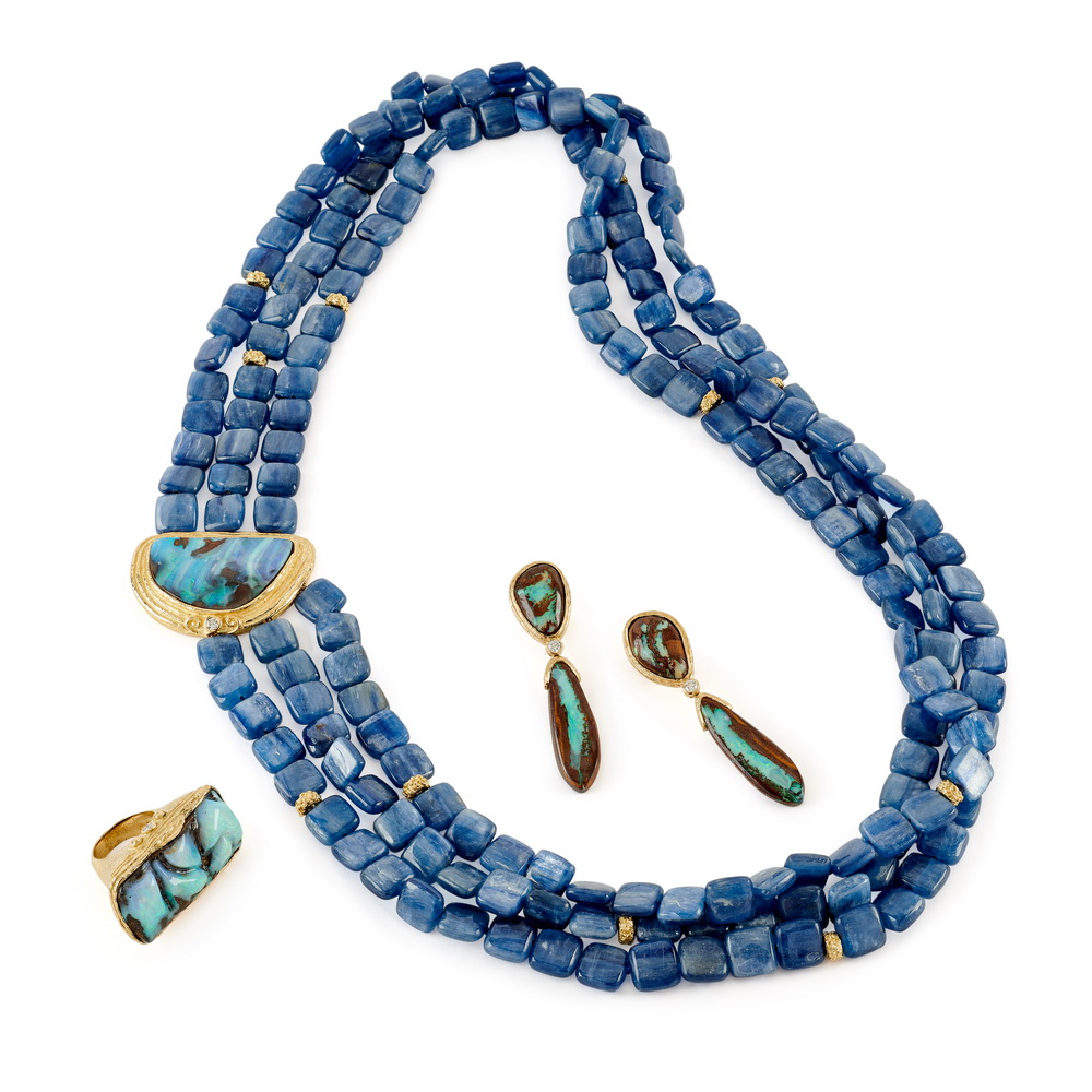 Kyanite Bead Necklace with Boulder Opal and Diamond Station - Katy ...